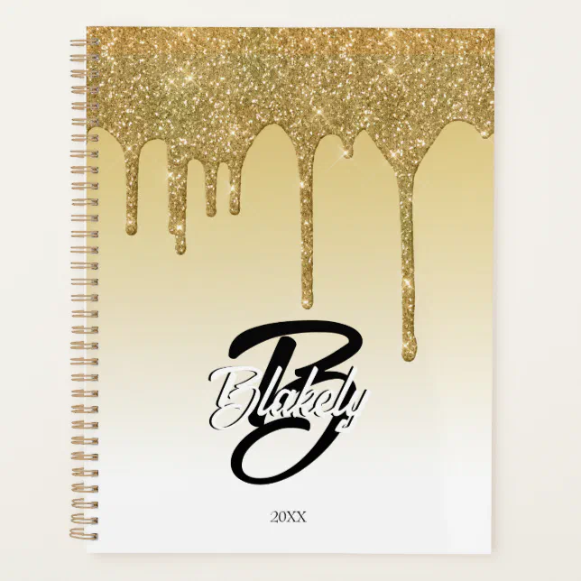 Elegant Gold Glitter Drip Monogram Name + Initial Planner | Zazzle