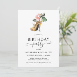 Elegant Gold Glitter Floral Gold Heels Birthday Invitation | Zazzle