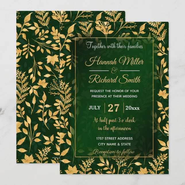 Elegant Gold Glitter Foliage Forest Green Design Invitation | Zazzle