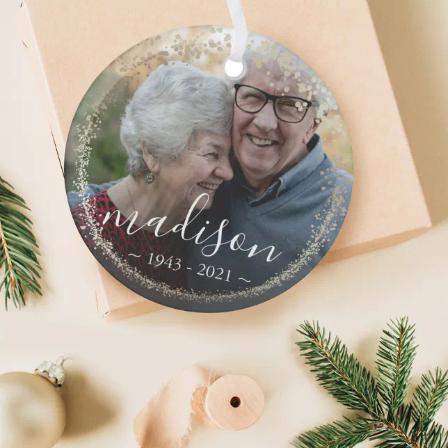 Elegant Gold Glitter Frame Photo Memorial Keepsake Glass Ornament | Zazzle