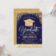 Elegant Gold Glitter Grad Cap on Blue Graduation Invitation | Zazzle