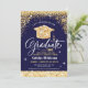 Elegant Gold Glitter Grad Cap on Blue Graduation Invitation | Zazzle