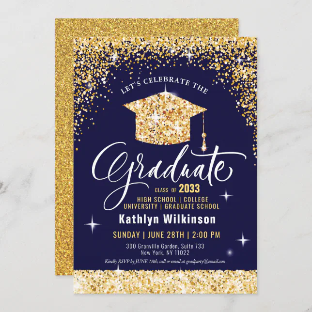 Elegant Gold Glitter Grad Cap on Blue Graduation Invitation | Zazzle