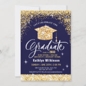 Elegant Gold Glitter Grad Cap on Blue Graduation Invitation | Zazzle