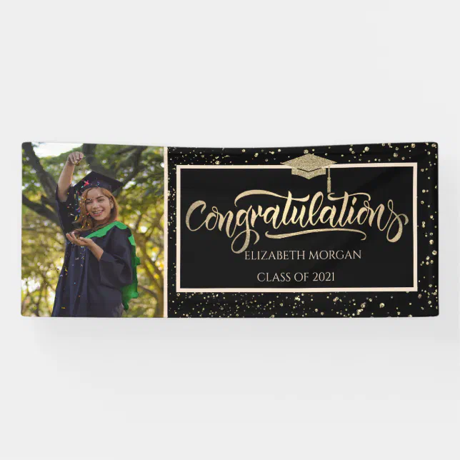 Elegant Gold Glitter Grad Cap,Photo Graduation Banner | Zazzle