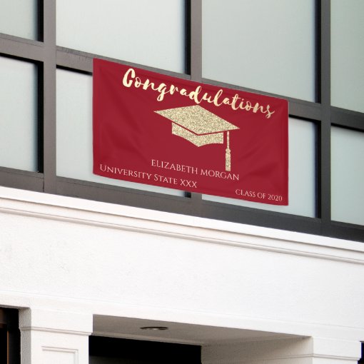 Elegant Gold Glitter Graduate Cap,Red Graduation Banner | Zazzle