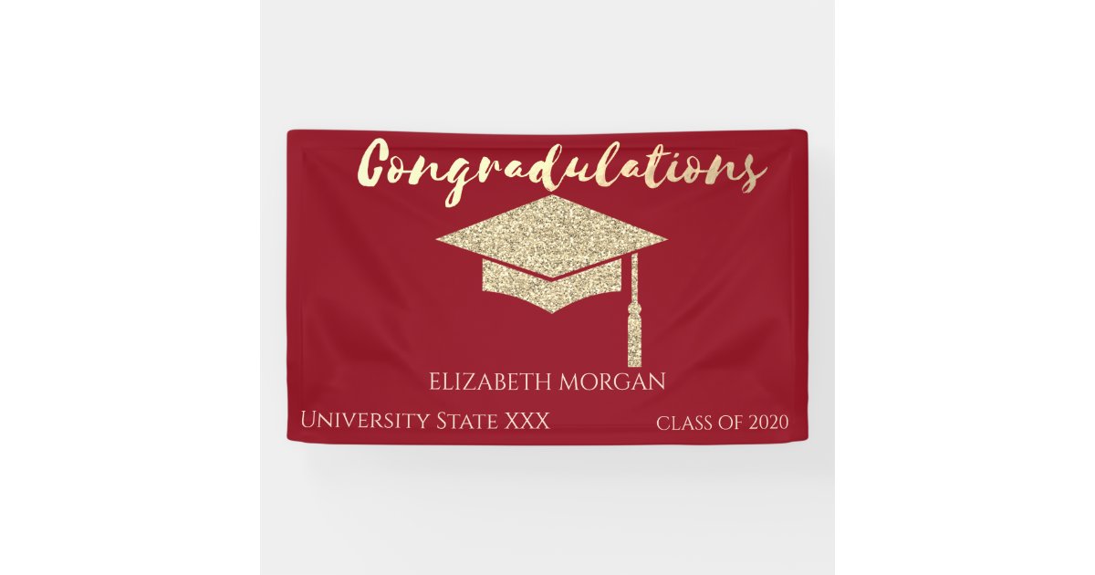 Elegant Gold Glitter Graduate Cap,Red Graduation Banner | Zazzle