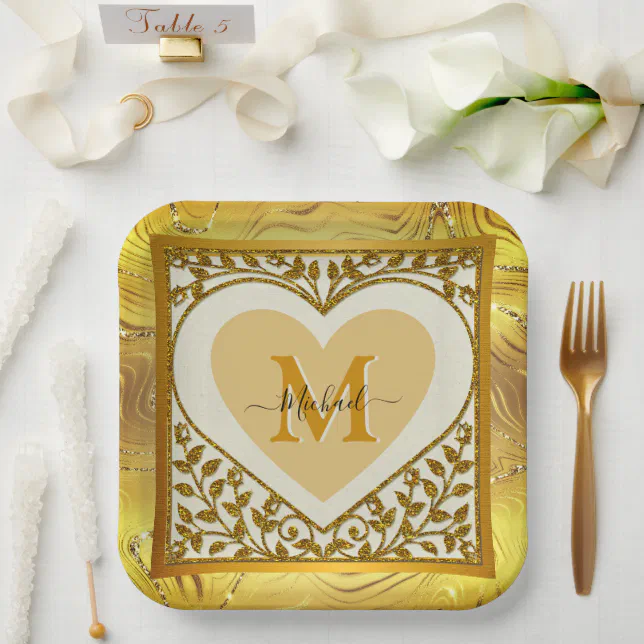 Elegant Gold Glitter Heart Initial & Name Paper Plates | Zazzle