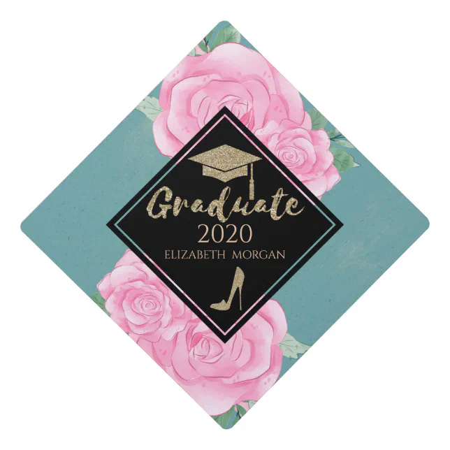 Elegant Gold Glitter High Heels,Roses Graduate Cap | Zazzle