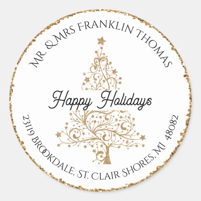 Elegant Gold Glitter Holiday Return Address Classic Round Sticker | Zazzle