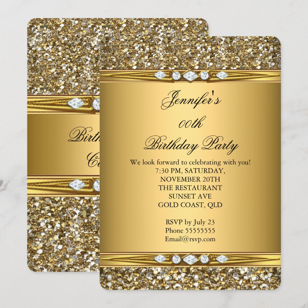 Elegant Gold Glitter Look Diamond Birthday Party Invitation | Zazzle