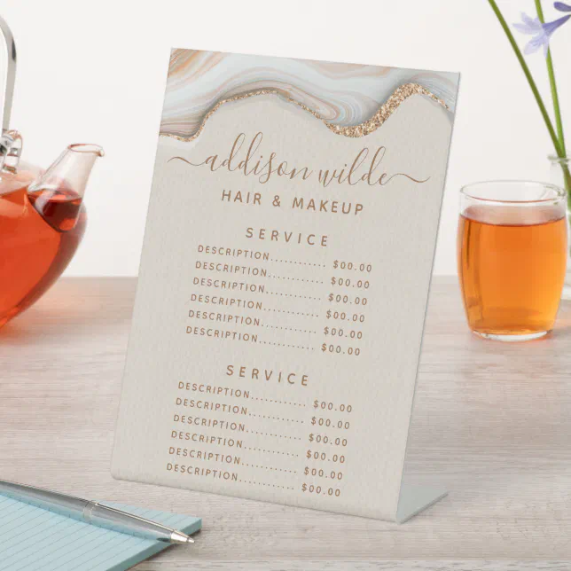 Elegant Gold Glitter Marble Agate Service Price Pedestal Sign | Zazzle