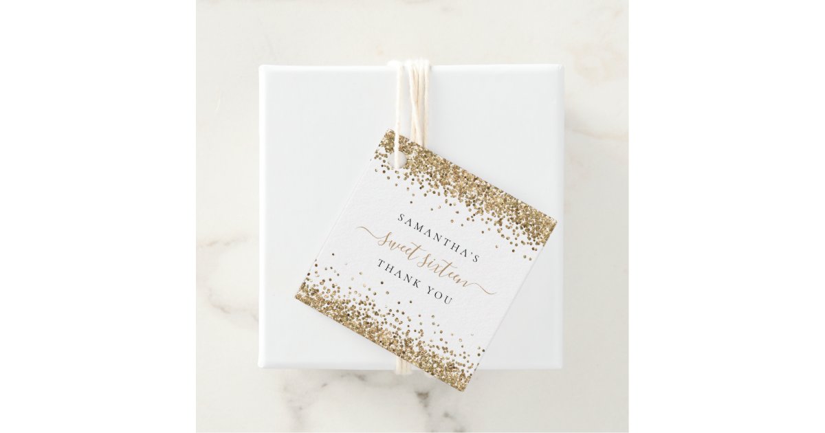 Elegant Gold Glitter Name Sweet Sixteen Thanks Favor Tags | Zazzle