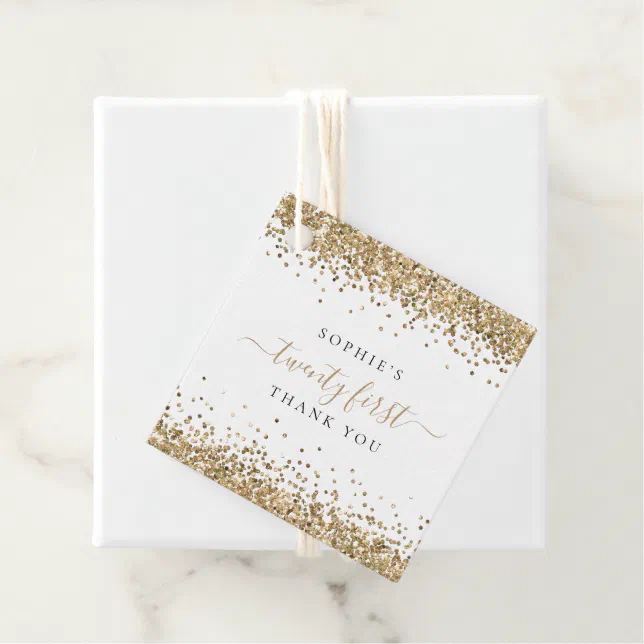 Elegant Gold Glitter Name Twenty First Thank You Favor Tags | Zazzle