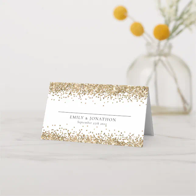 Elegant Gold Glitter Names Date Wedding Place Card | Zazzle