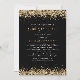 Elegant Gold Glitter New Years Eve Black Invitation | Zazzle