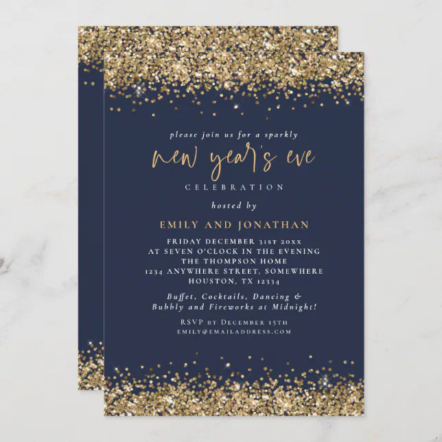 Elegant Gold Glitter New Years Eve Navy Blue Invitation | Zazzle