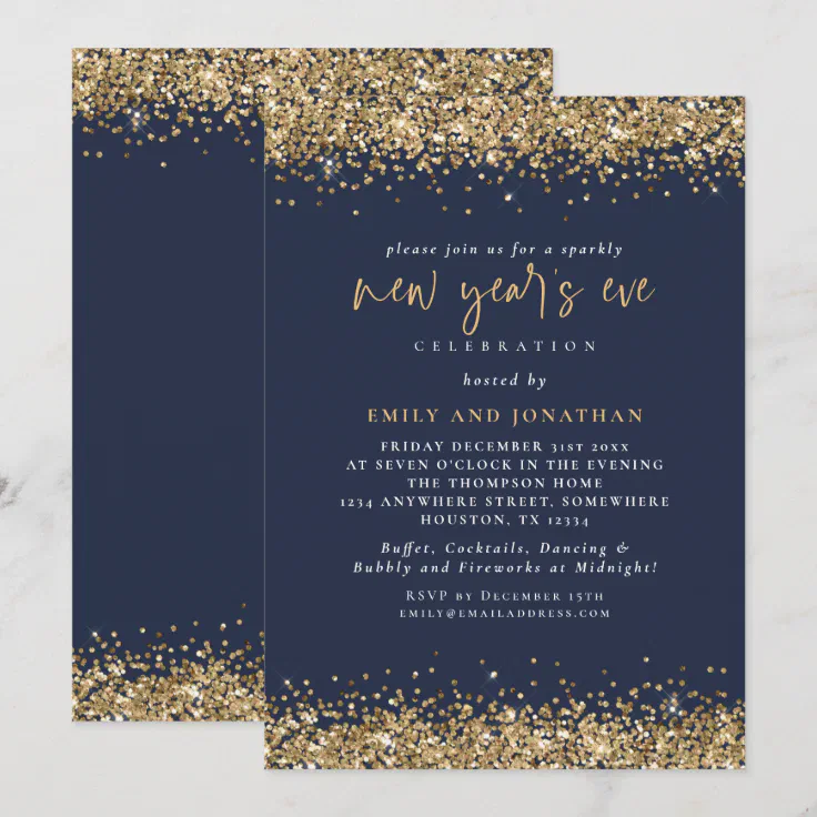 Elegant Gold Glitter New Years Eve Navy Blue Invitation | Zazzle