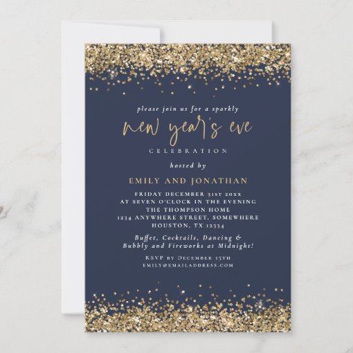 Elegant Gold Glitter New Years Eve Navy Blue Invitation | Zazzle