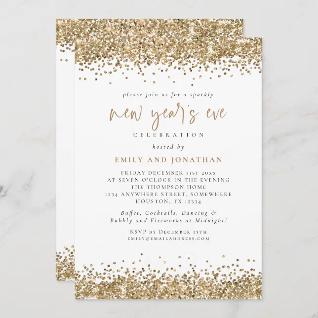 Elegant Gold Glitter New Years Eve White Invitation | Zazzle