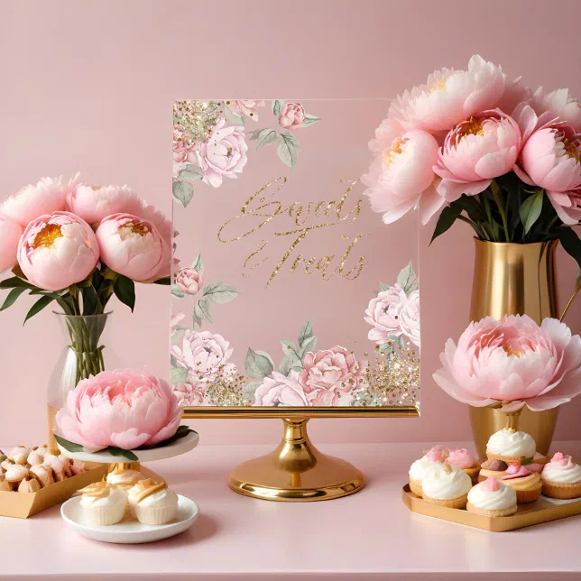 Elegant Gold Glitter Peony Florals Sweets & Treats Acrylic Sign | Zazzle