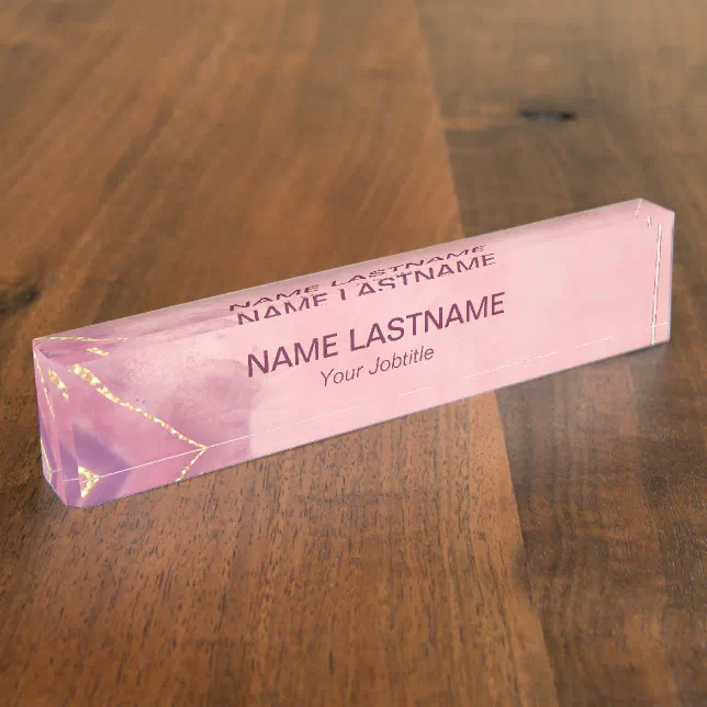 Elegant Gold Glitter Pink Agate Marble Sparkle Desk Name Plate | Zazzle
