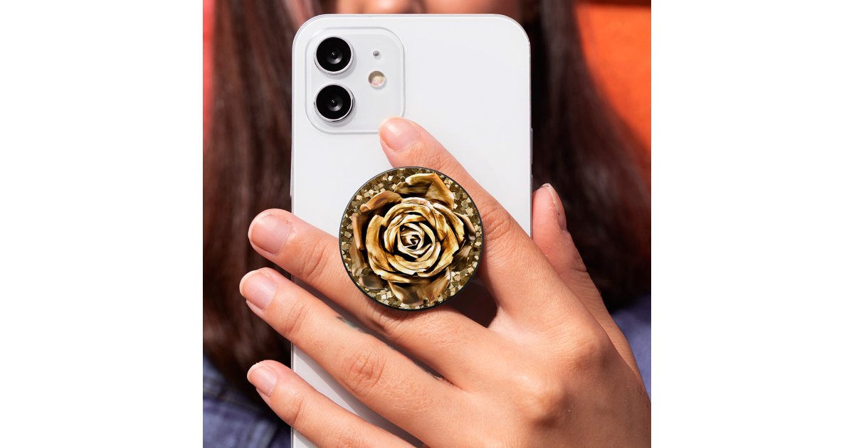 Elegant Gold Glitter Rose Flower Black Chic Girly PopSocket | Zazzle