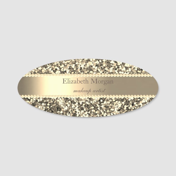 Elegant Gold Glitter ,Stripe, Pearls Name Tag | Zazzle