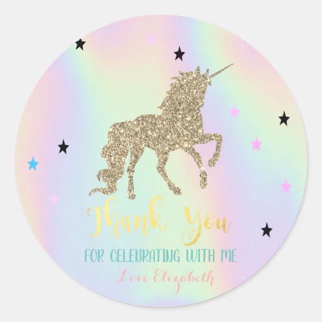 Elegant Gold Glitter Unicorn, Stars,Holographic Classic Round Sticker ...