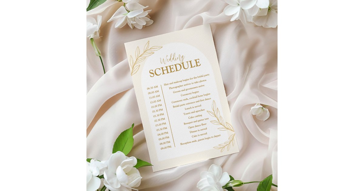 Elegant Gold Glitter Wedding Schedule Card | Zazzle