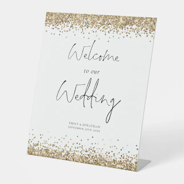 Elegant Gold Glitter Welcome to Wedding Pedestal Sign | Zazzle