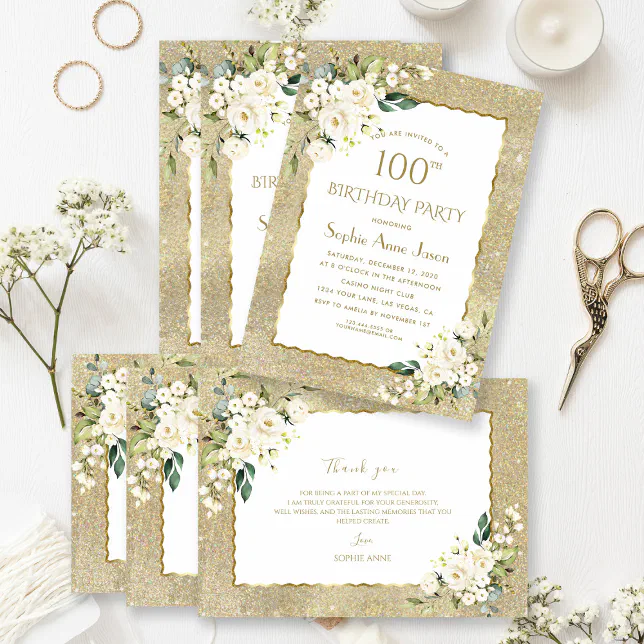 Elegant Gold Glitter White Flowers 100th Birthday Invitation | Zazzle