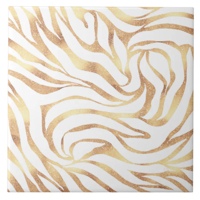 Elegant Gold Glitter Zebra White Animal Print Ceramic Tile | Zazzle