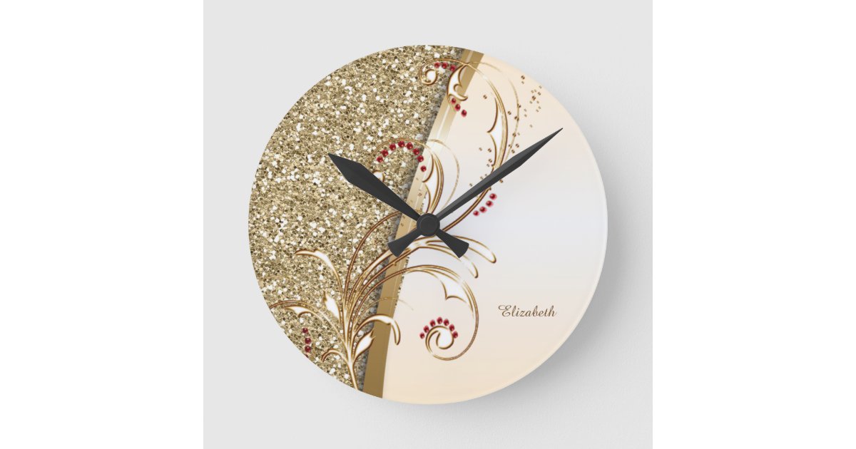 Elegant Gold Glittery Swirls Round Clock | Zazzle
