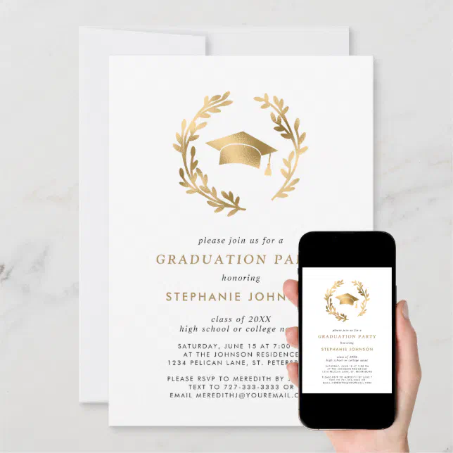 Elegant Gold Grad Cap and Wreath Graduation Party Invitation | Zazzle