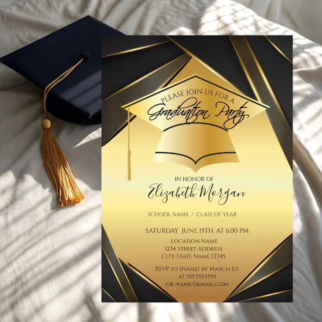 Elegant Gold Grad Cap Black Gold Graduation Invitation | Zazzle