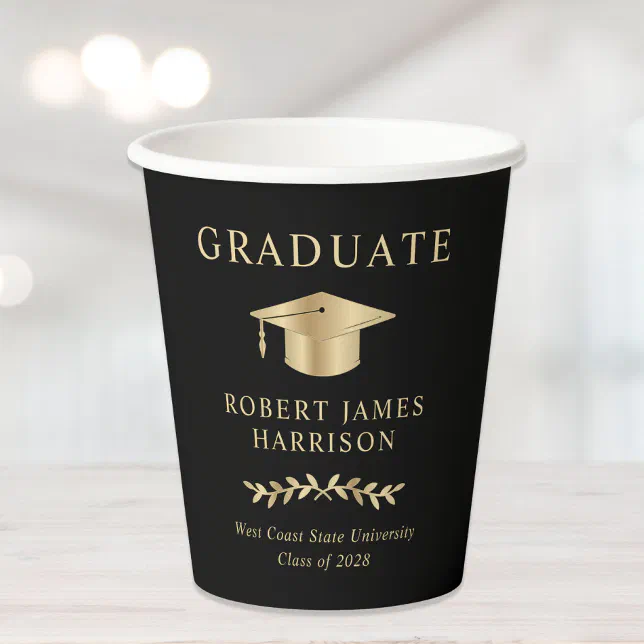 Elegant Gold Grad Cap Black Graduation Party Paper Cups | Zazzle