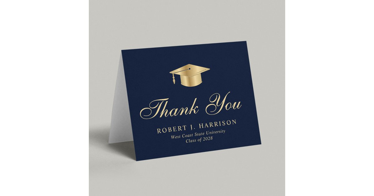 Elegant Gold Grad Cap Blue Graduation Thank You Card | Zazzle