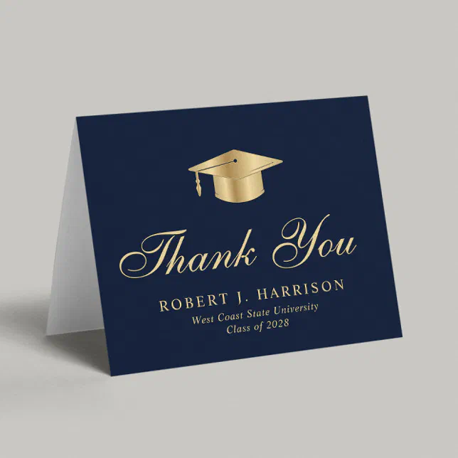 Elegant Gold Grad Cap Blue Graduation Thank You Card | Zazzle
