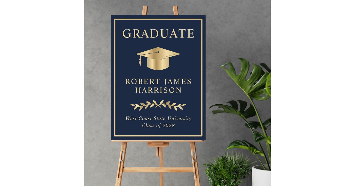 Elegant Gold Grad Cap Blue Graduation Welcome Foam Board | Zazzle