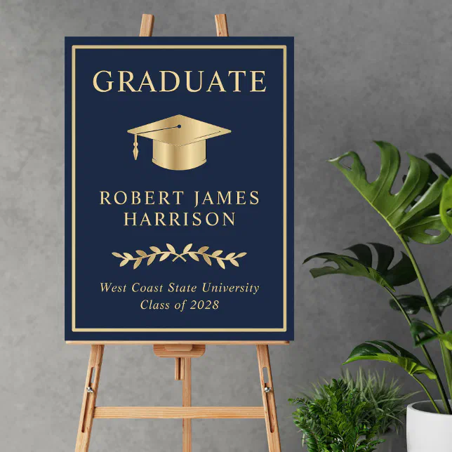 Elegant Gold Grad Cap Blue Graduation Welcome Foam Board | Zazzle