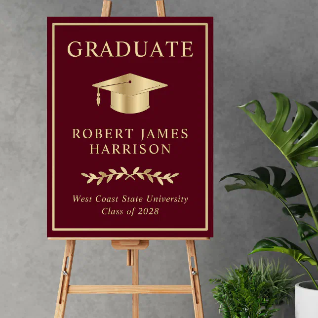 Elegant Gold Grad Cap Burgundy Graduation Welcome Foam Board | Zazzle