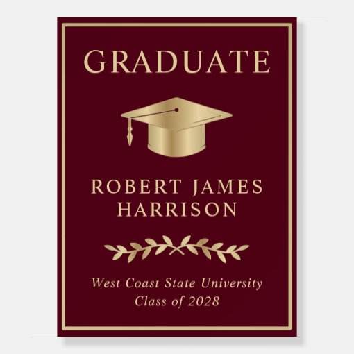 Elegant Gold Grad Cap Burgundy Graduation Welcome Foam Board | Zazzle