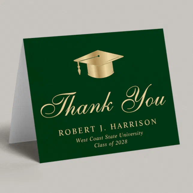 Elegant Gold Grad Cap Green Graduation Thank You Card | Zazzle