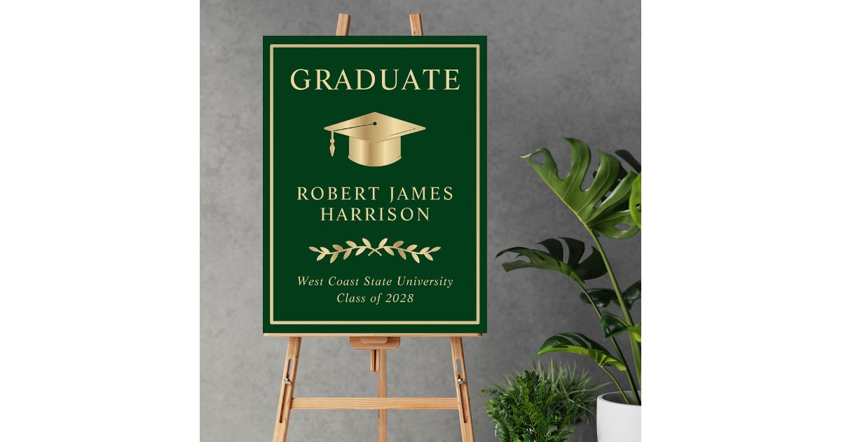 Elegant Gold Grad Cap Green Graduation Welcome Foam Board | Zazzle