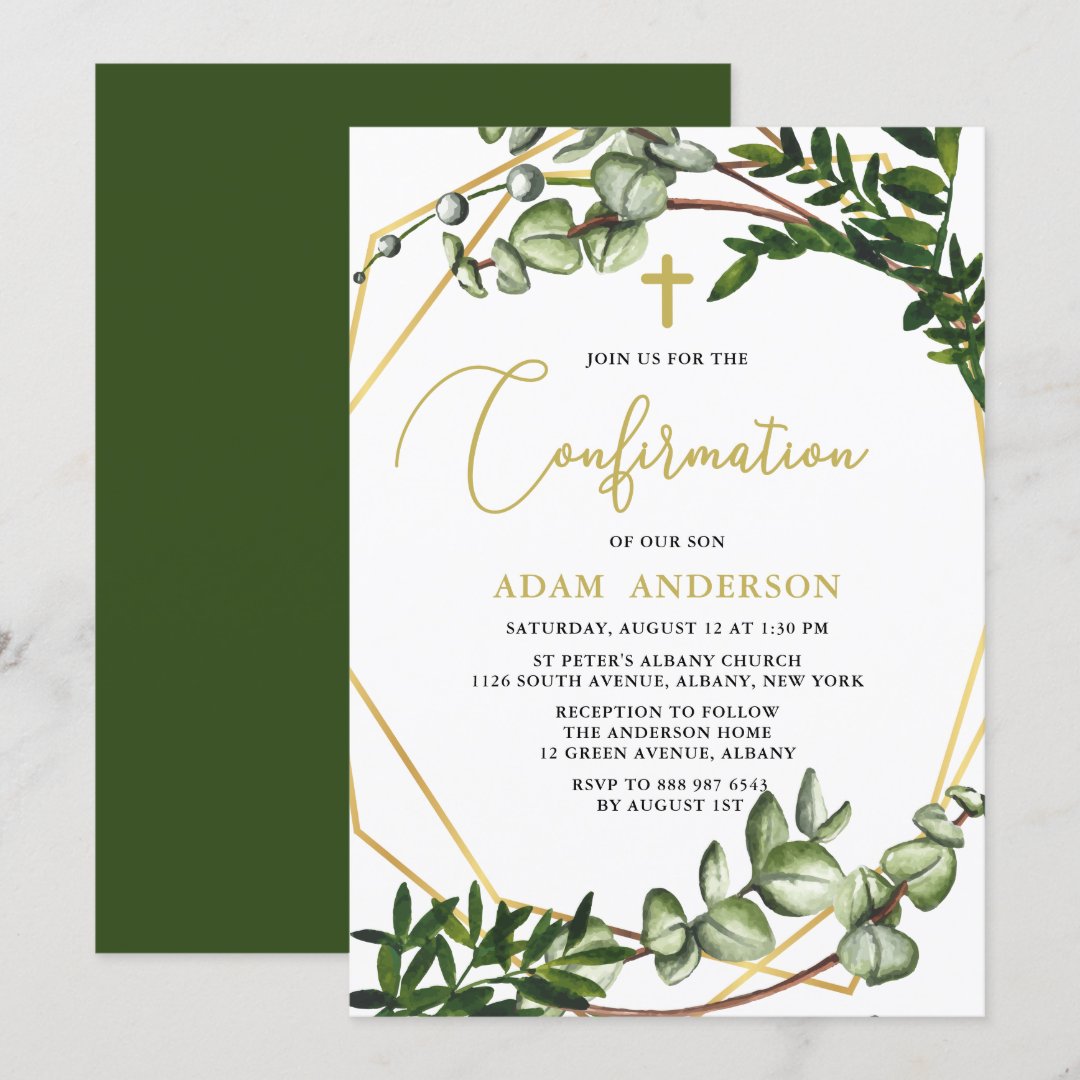 Elegant Gold & Green Botanical Confirmation Invitation | Zazzle