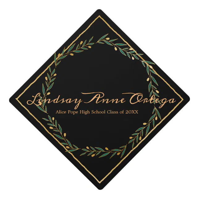Elegant Gold Green Laurel Wreath Personalized Grad Graduation Cap ...