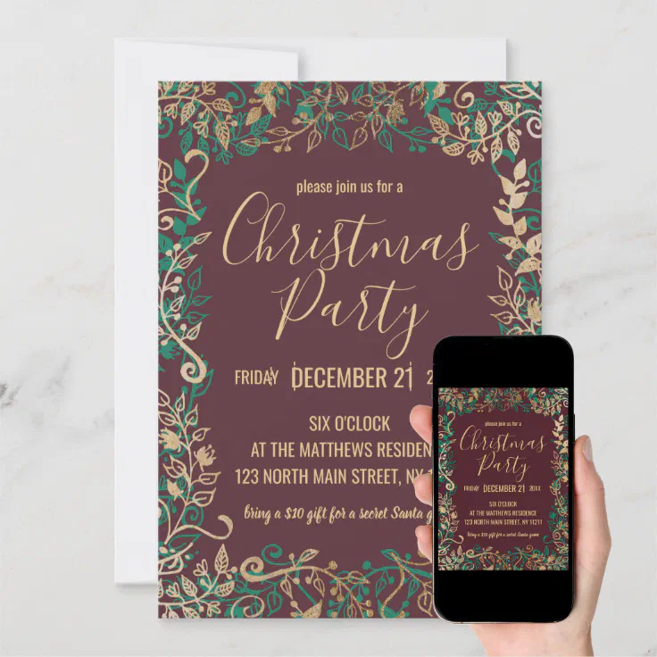 Elegant Gold Green Red Floral Christmas Party Invitation | Zazzle