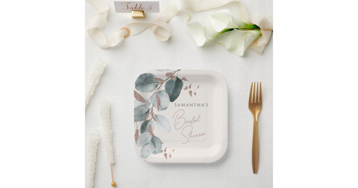 Elegant Gold Green Sparkline Leaves Bridal Shower Paper Plates | Zazzle