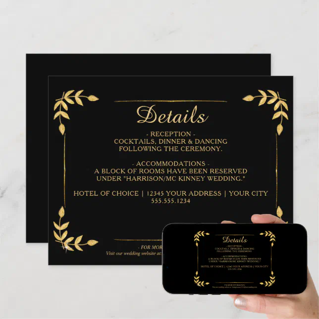 Elegant Gold Greenery Black Wedding Details Invitation | Zazzle